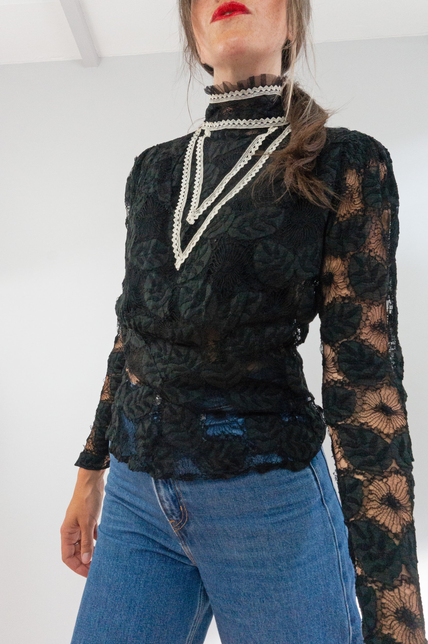 Victorian Ruffle Neck Sheer Black Lace Blouse – Ada's Attic Vintage